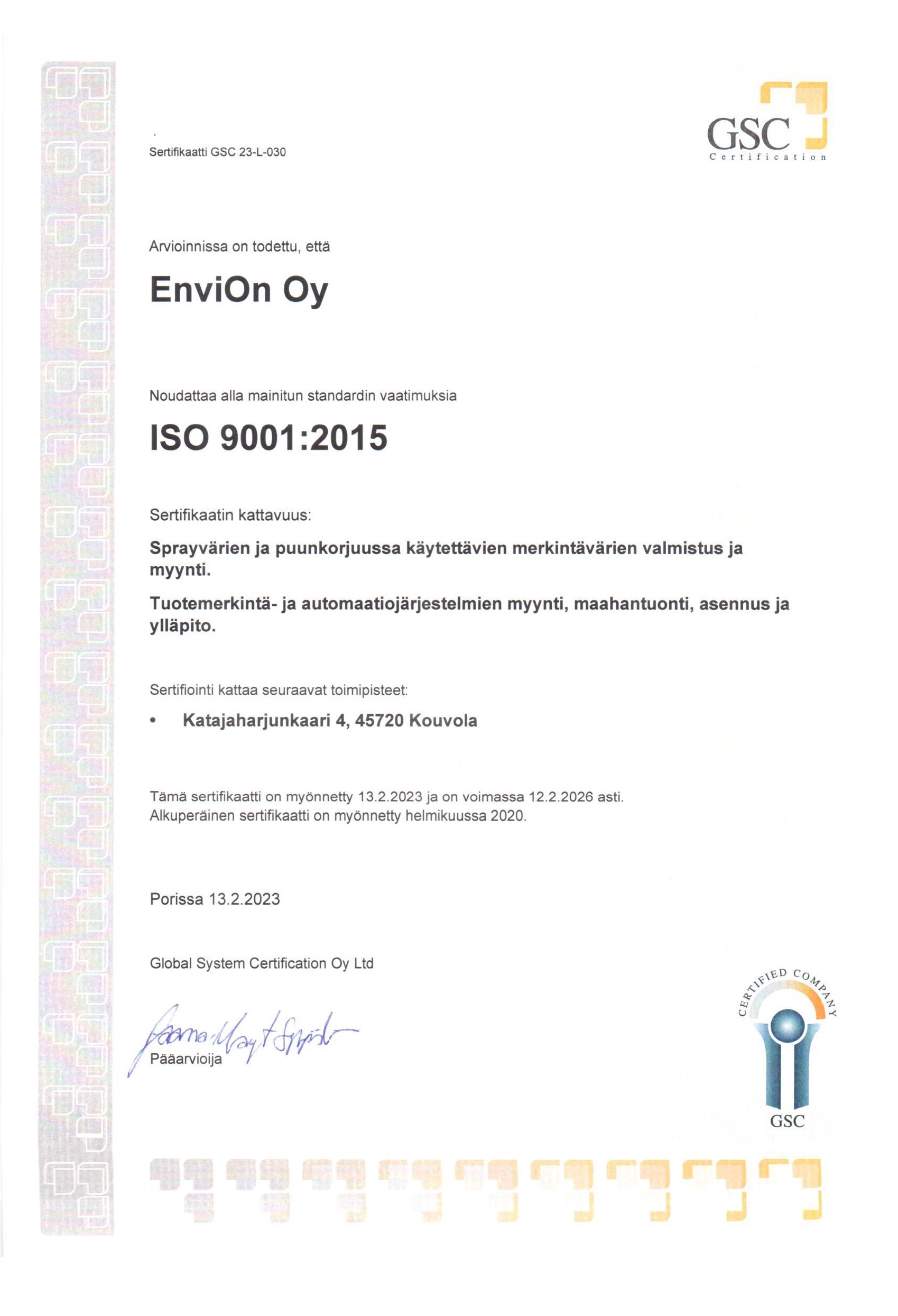 Toimintamme jatkuu edelleen ISO 9001 -sertifioituna - EnviOn